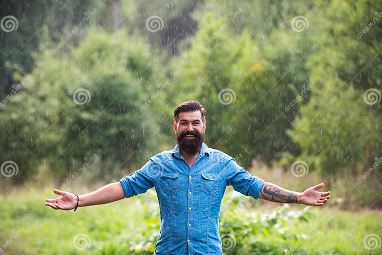 Happy Man Under Rain Relaxation Concept Positive Thinking Stormy