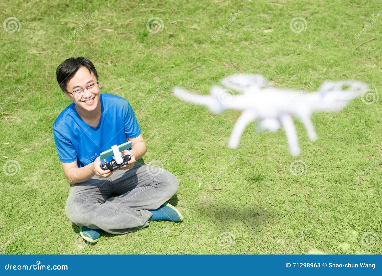 Happy man use drones stock image. Image of grass, asia - 71298963