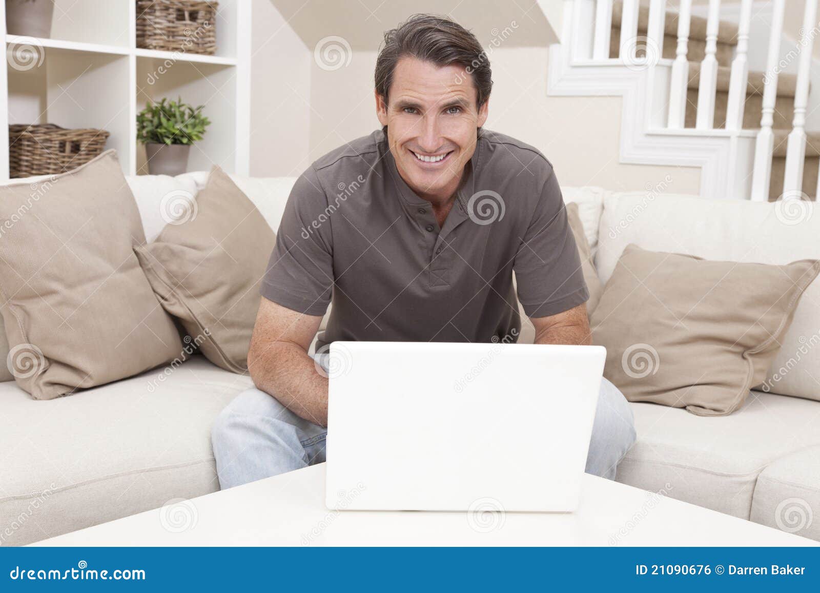 Happy Man Using Laptop Computer at Home Stock Photo - Image of happy ...