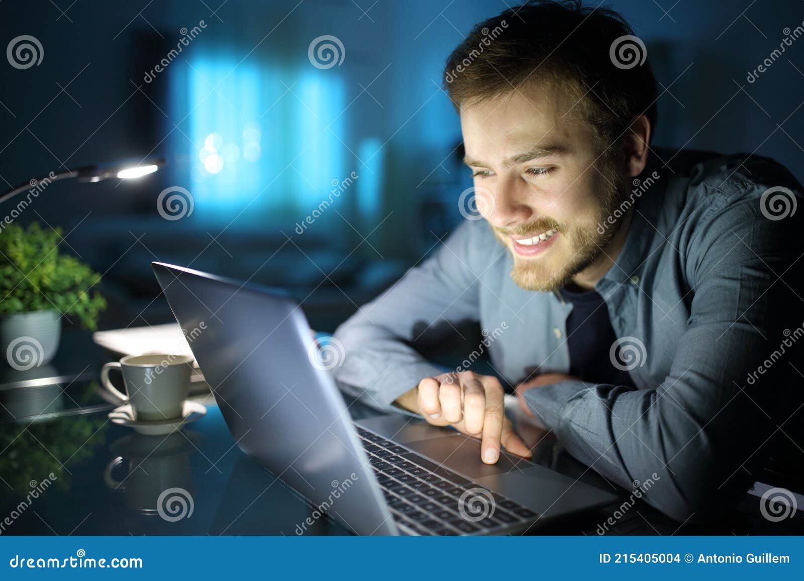 Happy Man Using Laptop in the Night at Home Stock Photo - Image of home ...