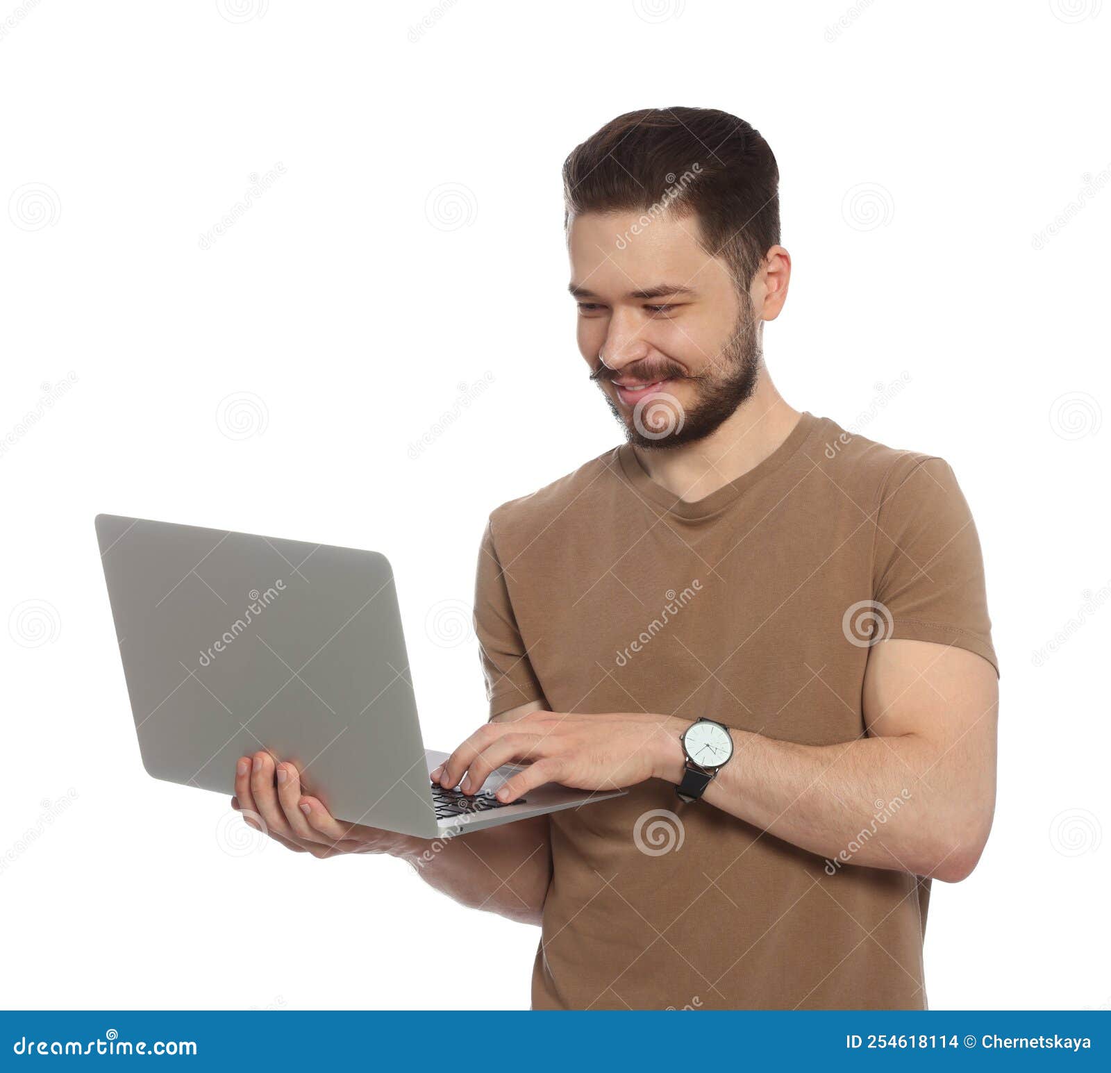 Happy Man Using Laptop on Background Stock Photo - Image of network ...
