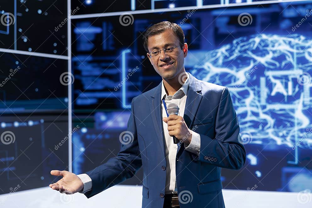 Happy Man Using Mic To Discuss about Implementation of AI Driven ...