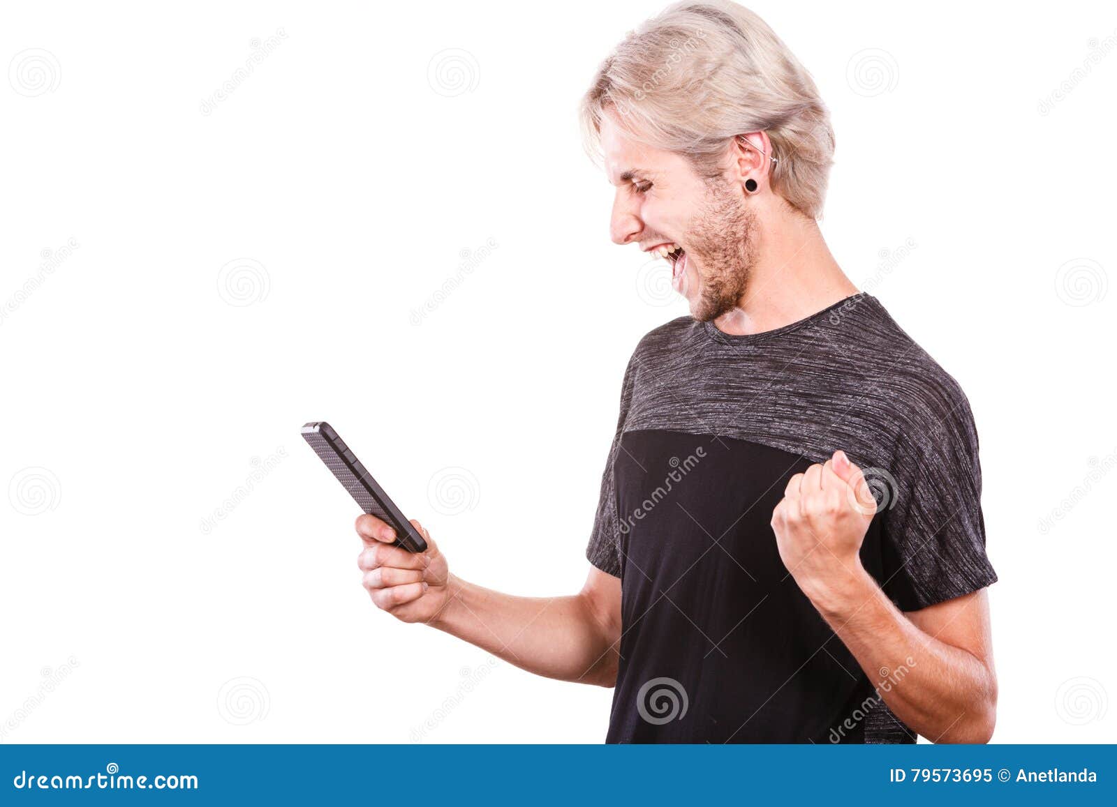 Happy Man Using Mobile Phone Read Message Stock Image - Image of ...