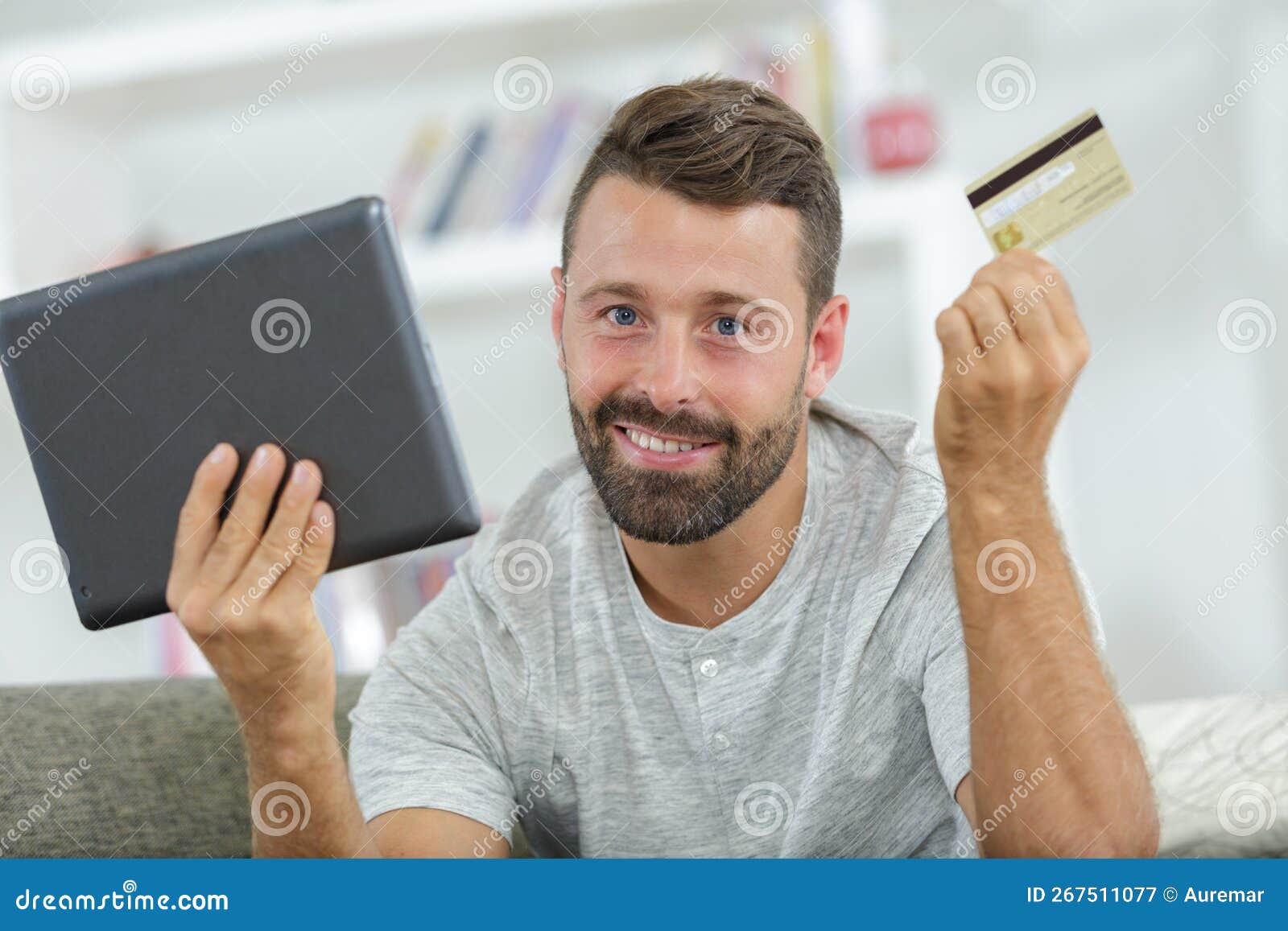 Happy Man Using Tablet and Credit Card Stock Image - Image of business ...