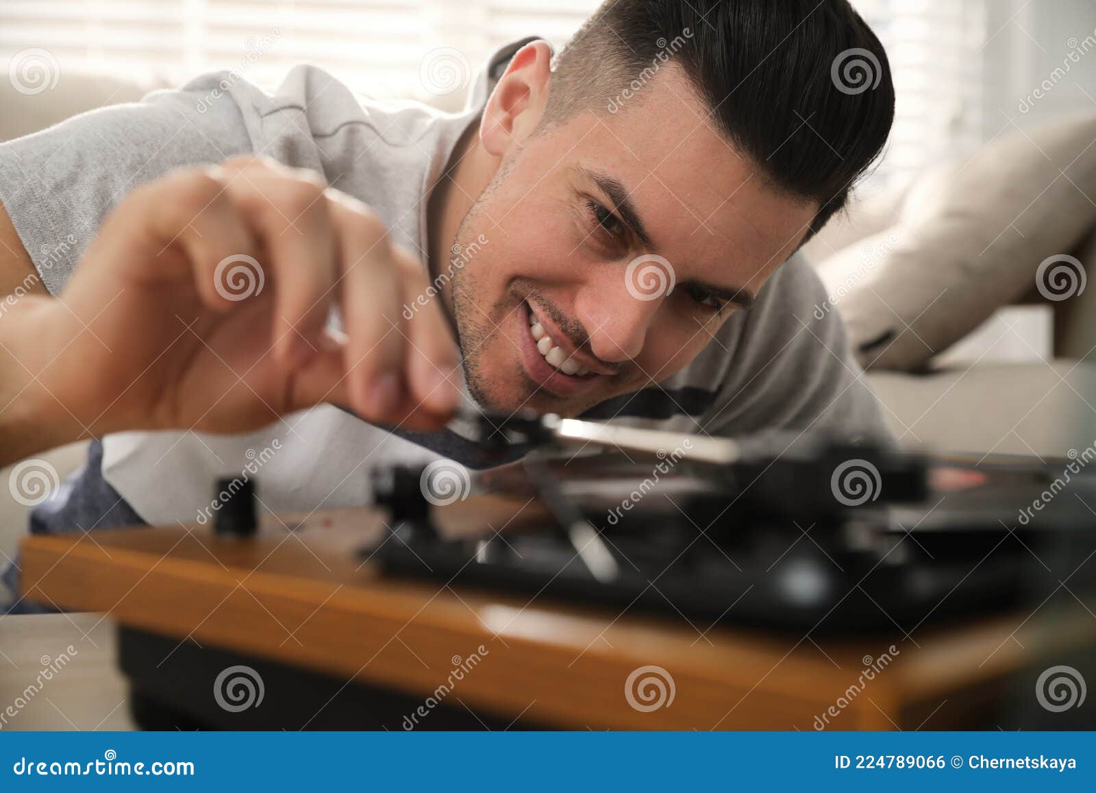Happy Man Using Turntable at Home, Closeup Stock Photo - Image of home ...