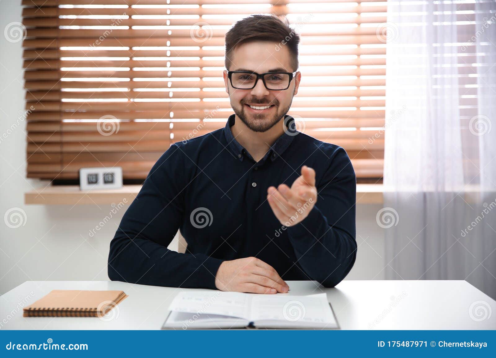 Happy Man Using Video Chat in Modern Office, View from Web Camera Stock ...