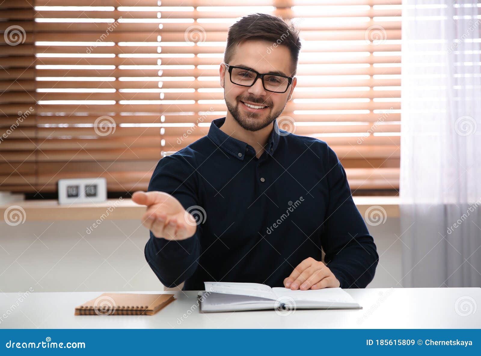Happy Man Using Video Chat in Office, View from Web Camera Stock Image ...