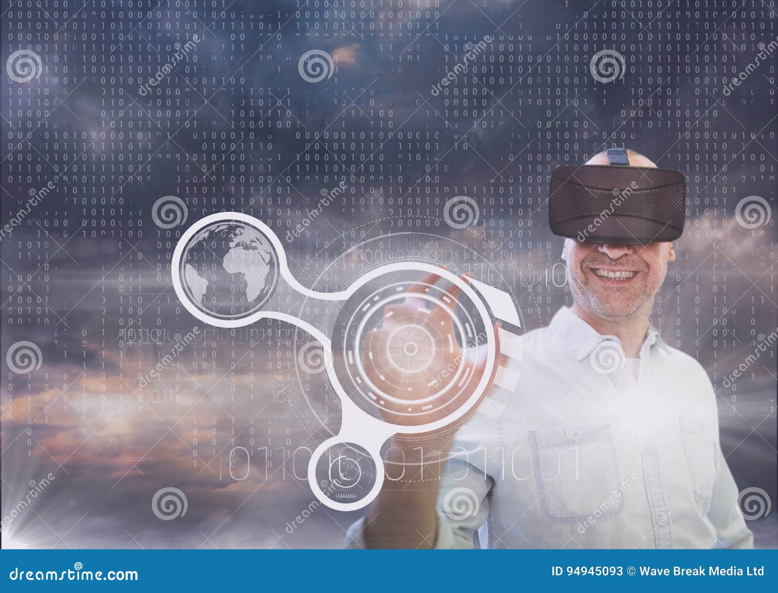 Happy Man in VR Headset Touching Interface Against Purple Sky with ...