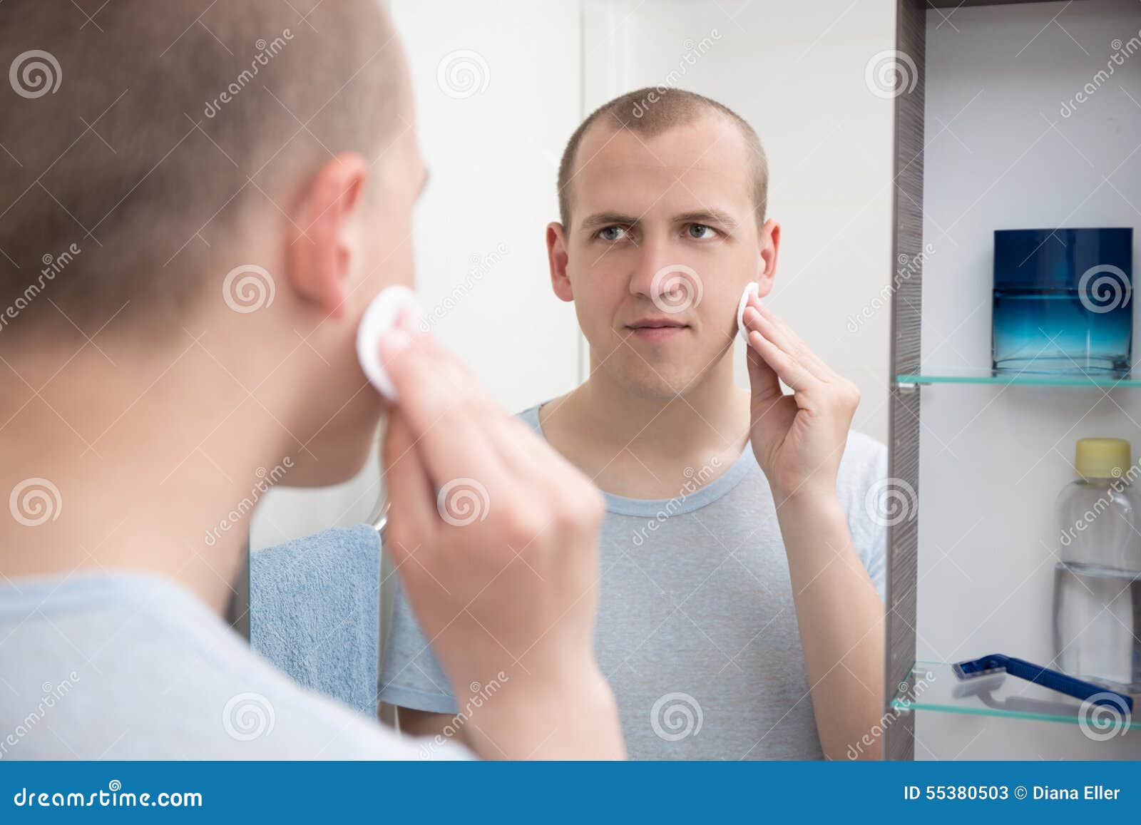 Happy Man Washing Her Face in Bathroom Stock Image - Image of applying ...