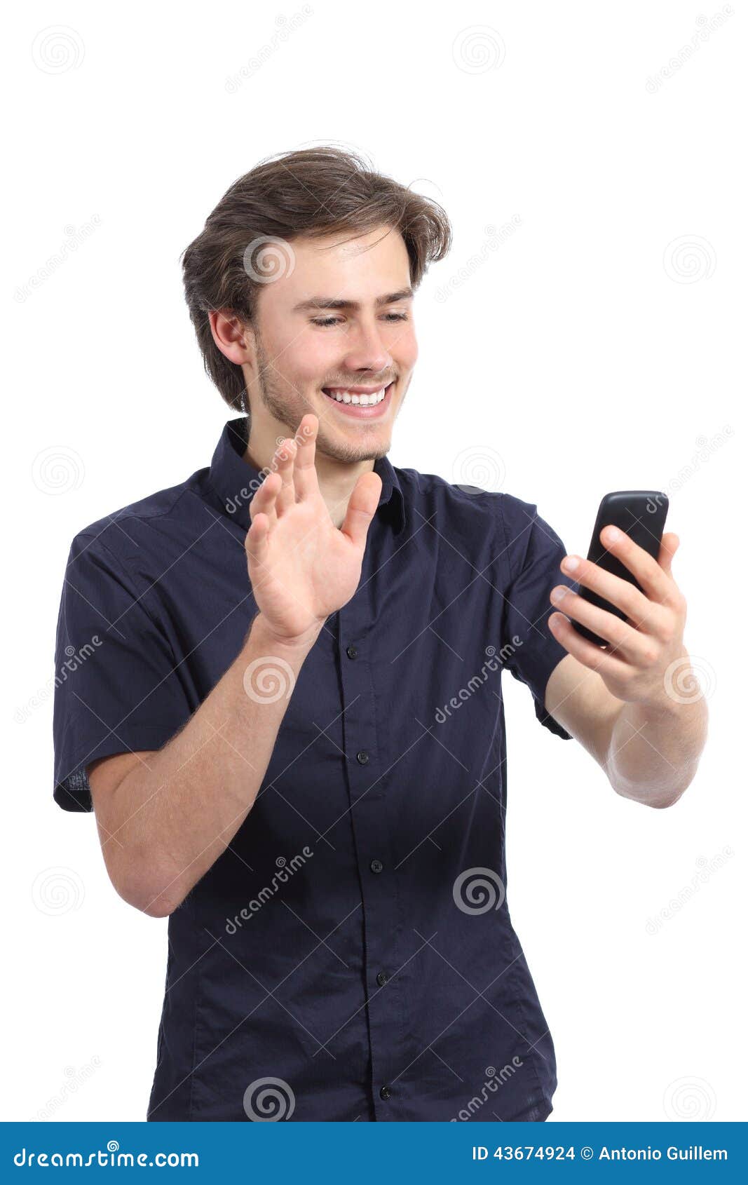 Happy Man Waving To a Smart Phone Camera Stock Photo - Image of ...