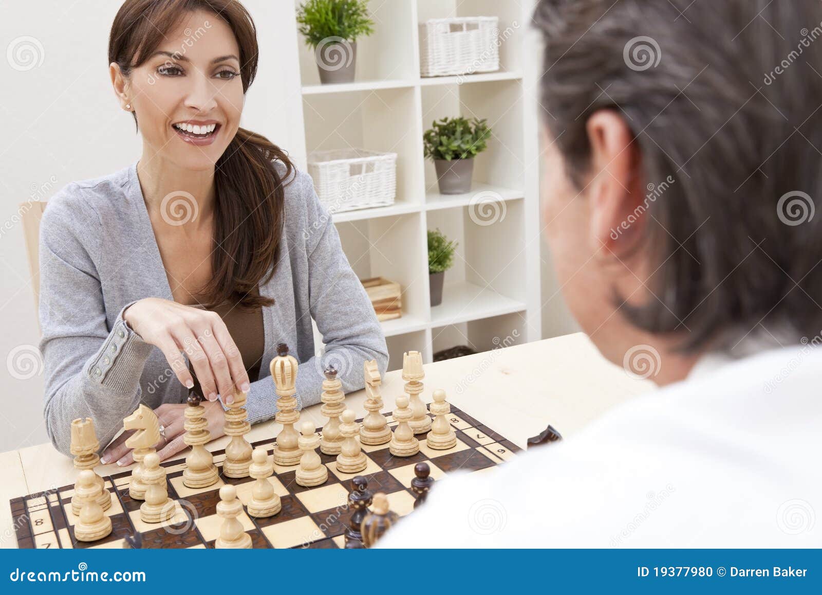 Happy Man & Woman Couple Playing Chess Stock Photo - Image of chess ...
