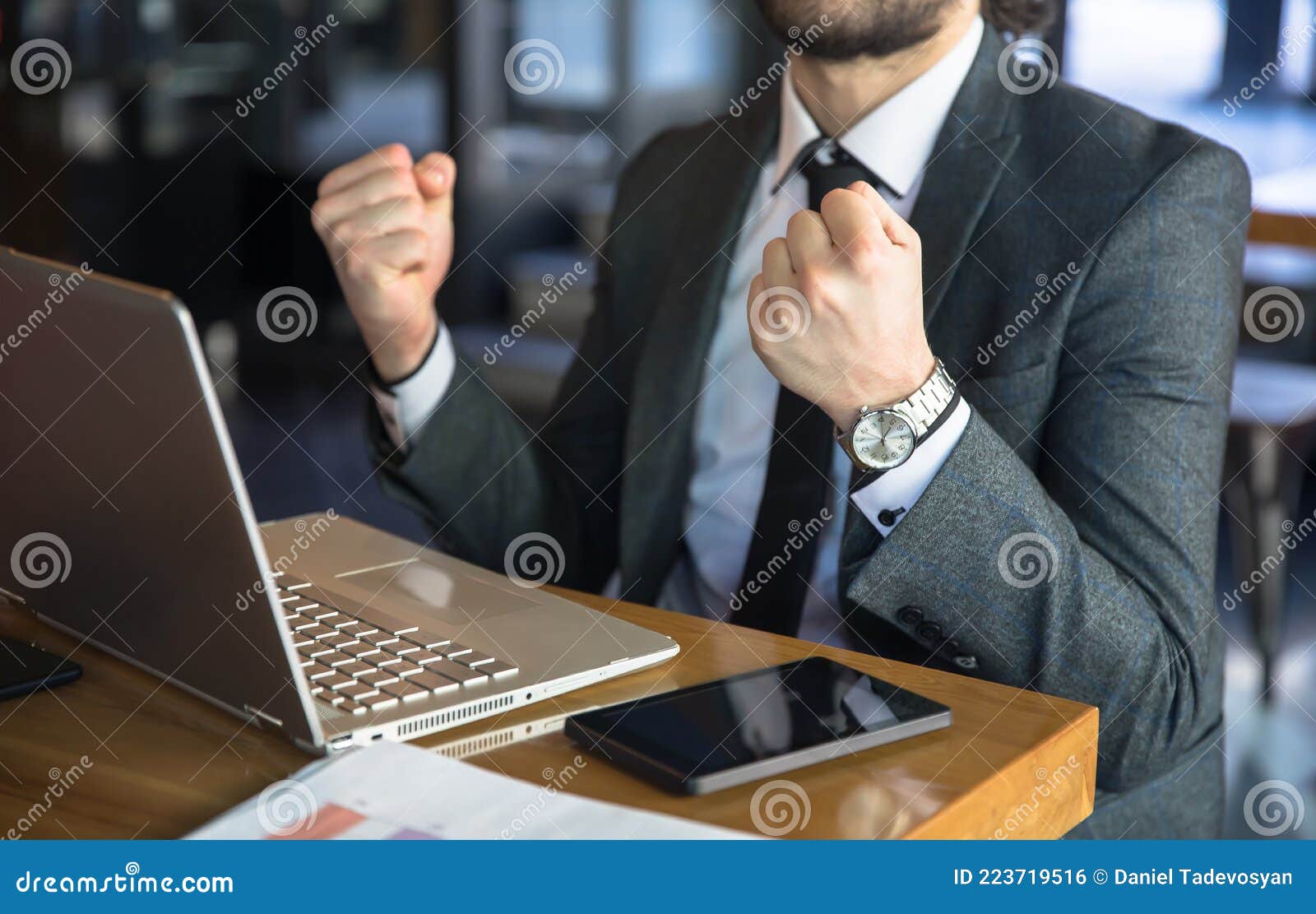 Happy Man Working in Computer in Cafe Stock Photo - Image of work ...