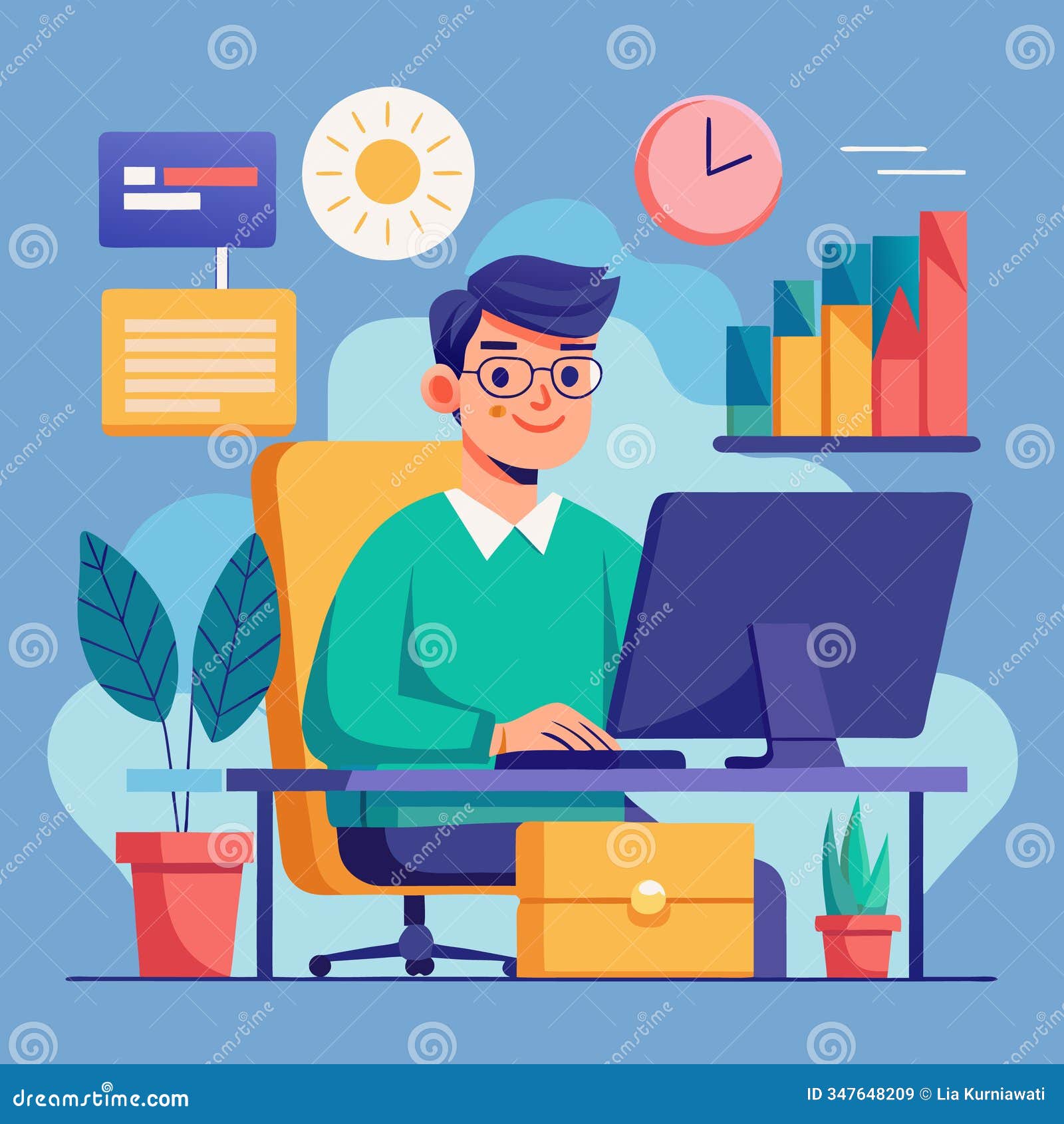 Happy Man Working on Computer at Desk Stock Illustration - Illustration ...