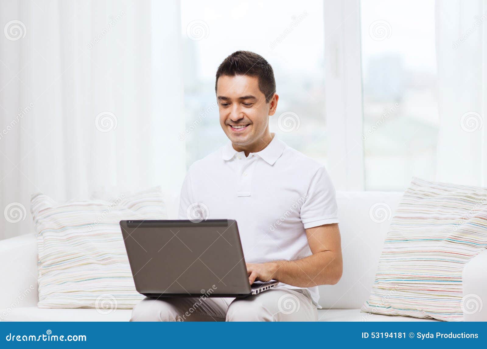 Happy Man Working with Laptop Computer at Home Stock Image - Image of ...