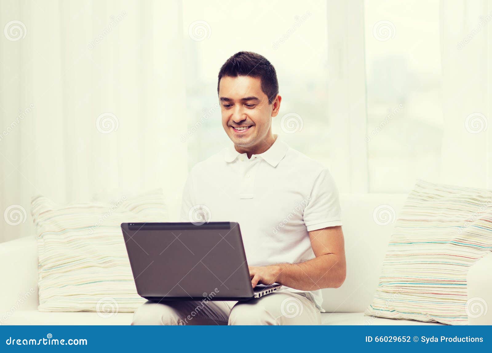 Happy Man Working with Laptop Computer at Home Stock Photo - Image of ...