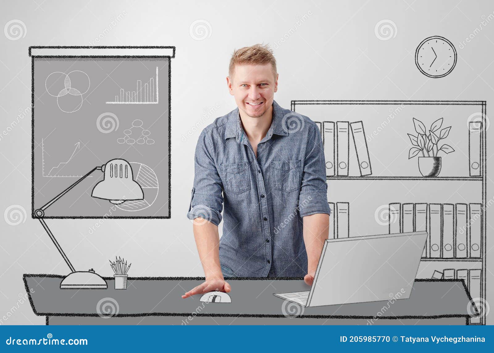 Happy Man Working in Office Sketch Stock Photo - Image of table ...