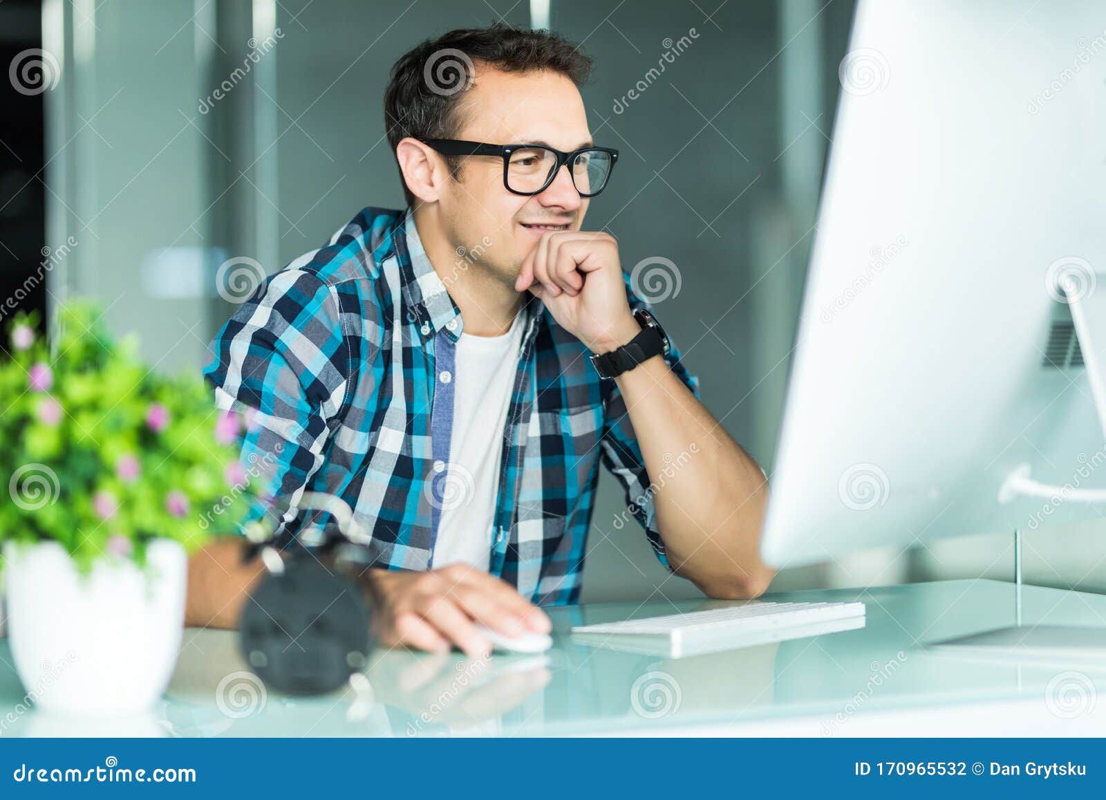 Happy Young Man Working on Pc in Office Stock Photo - Image of handsome ...