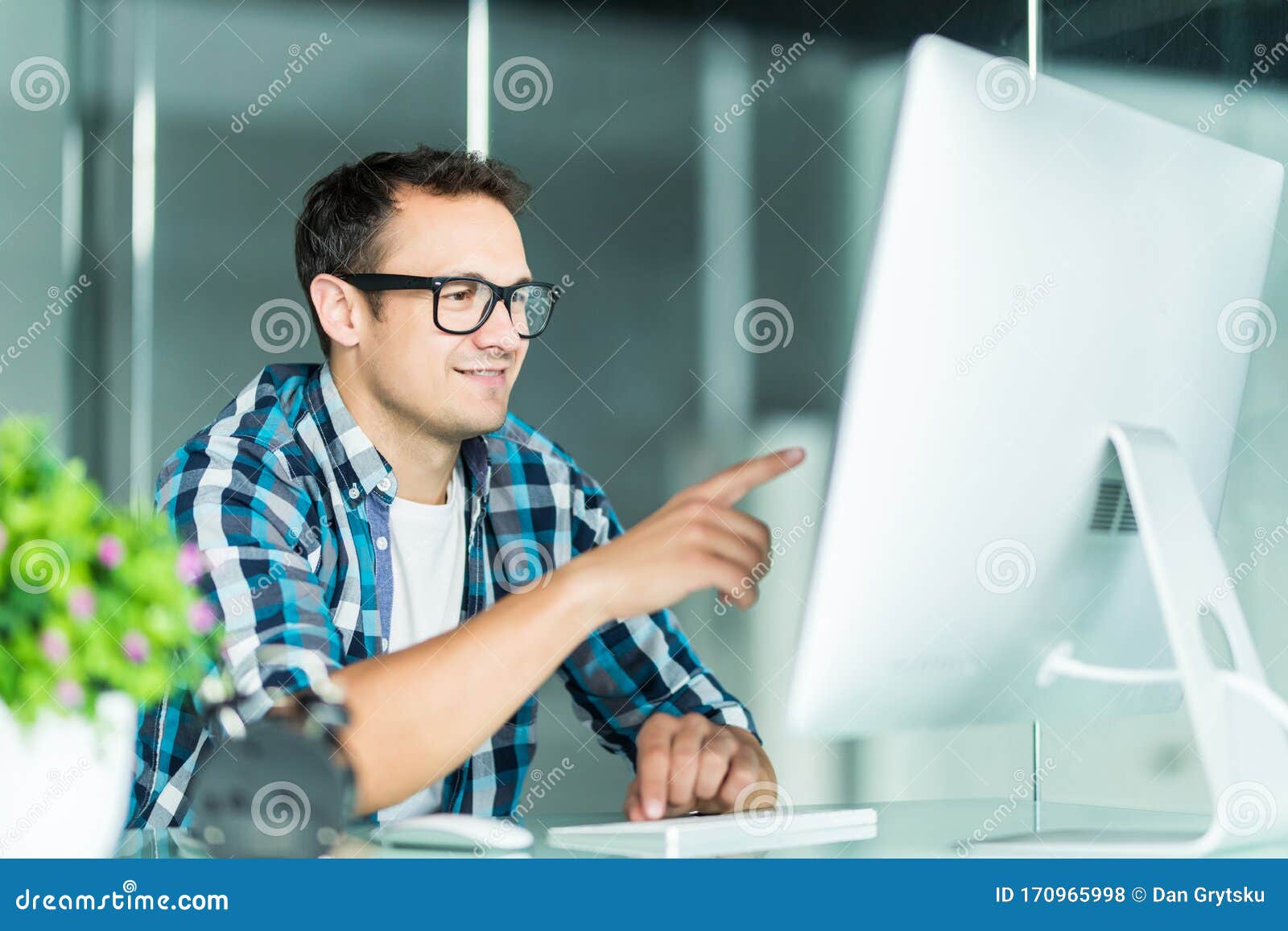 Happy Young Man Working on Pc in Office Stock Photo - Image of single ...