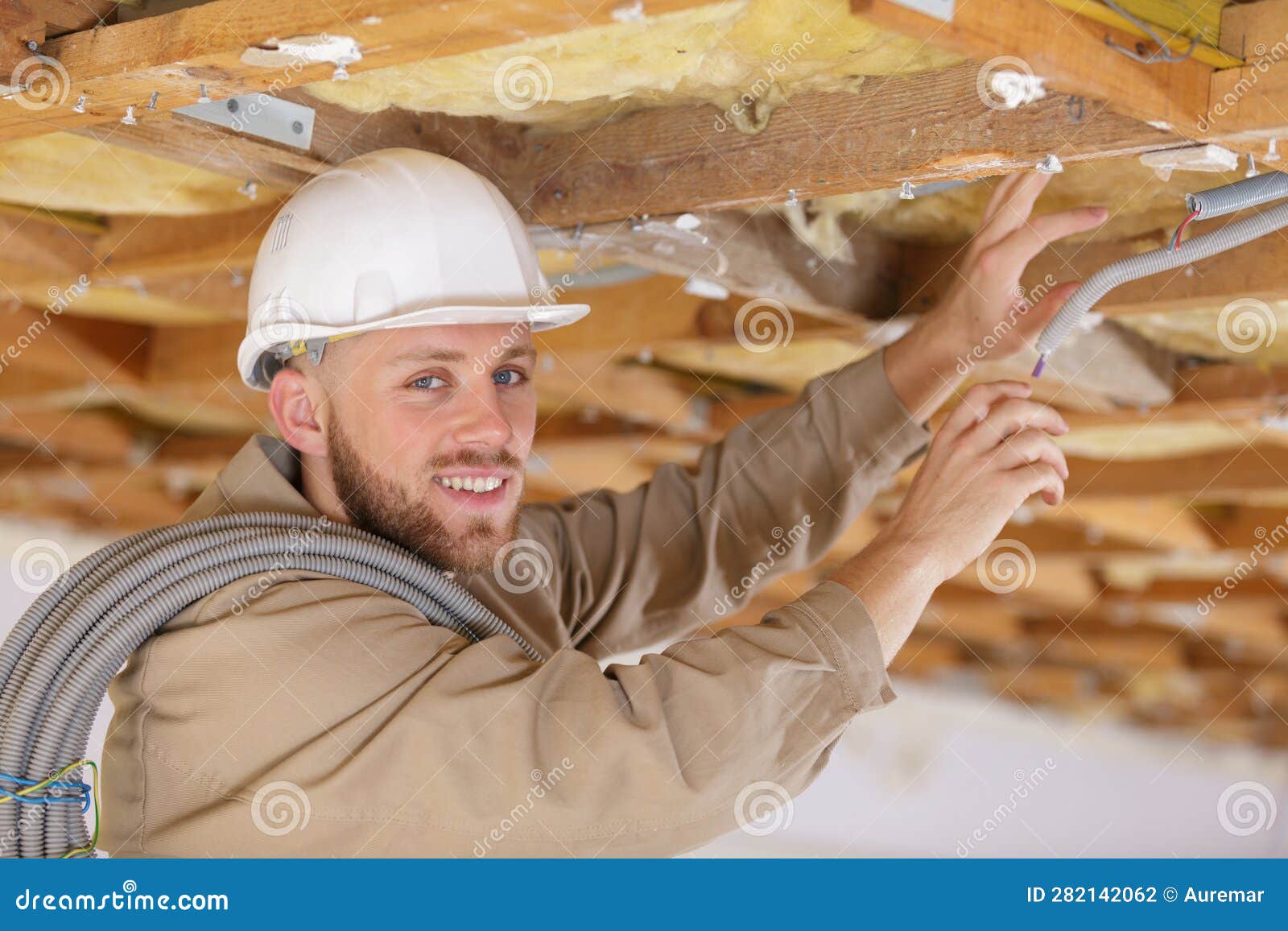 Happy Man Working with Pipes in Ceiling Stock Photo - Image of handyman ...