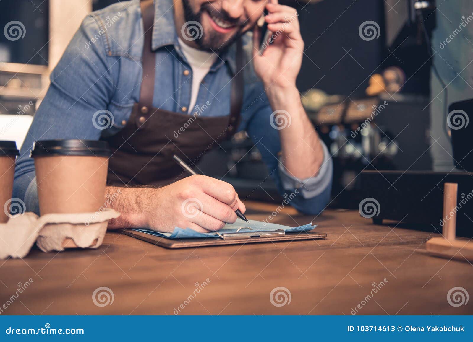Happy Man Writing and Speaking on Mobile Stock Image - Image of ...