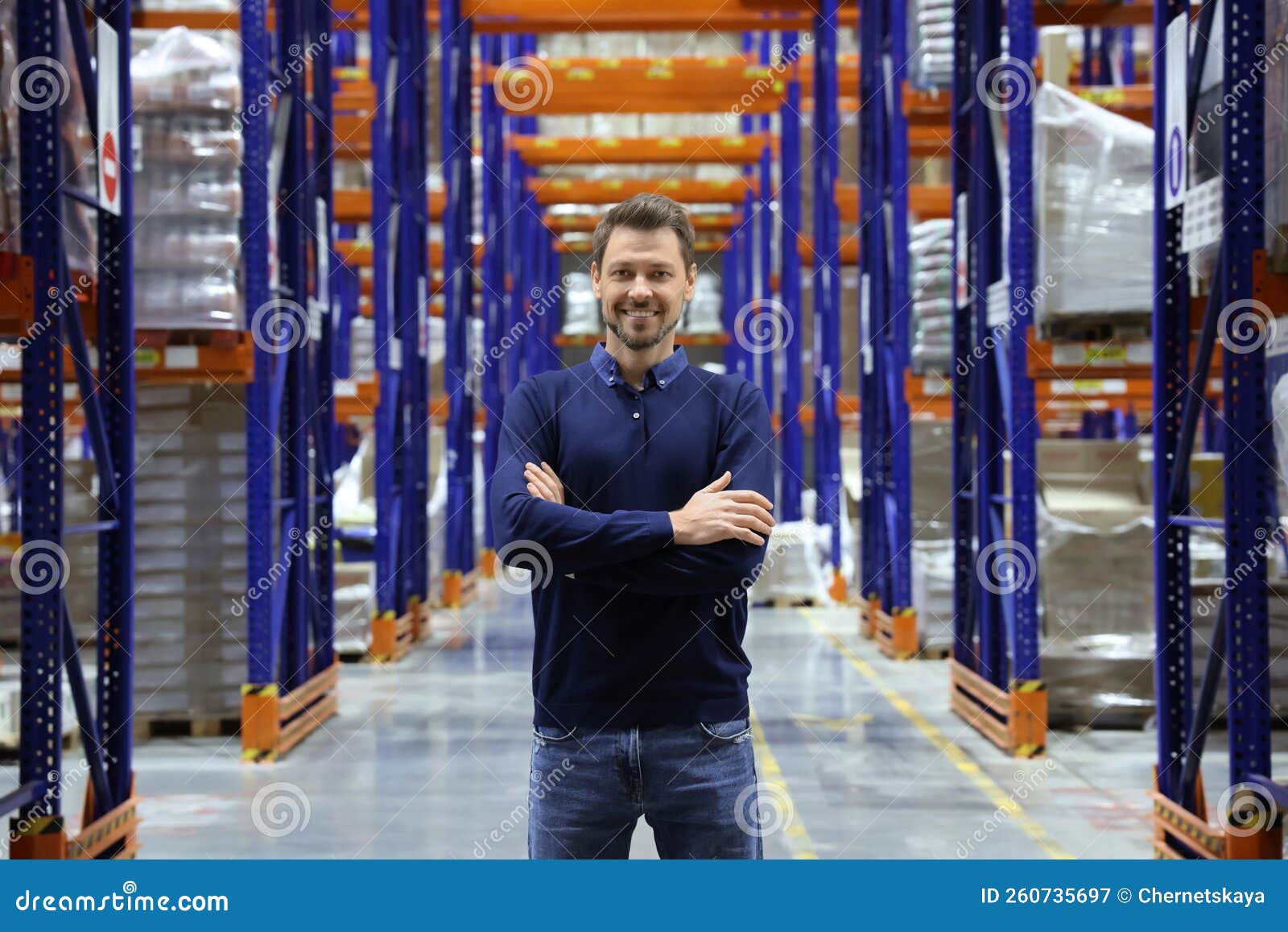 Happy Manager in Warehouse with Lots of Products Stock Image - Image of ...