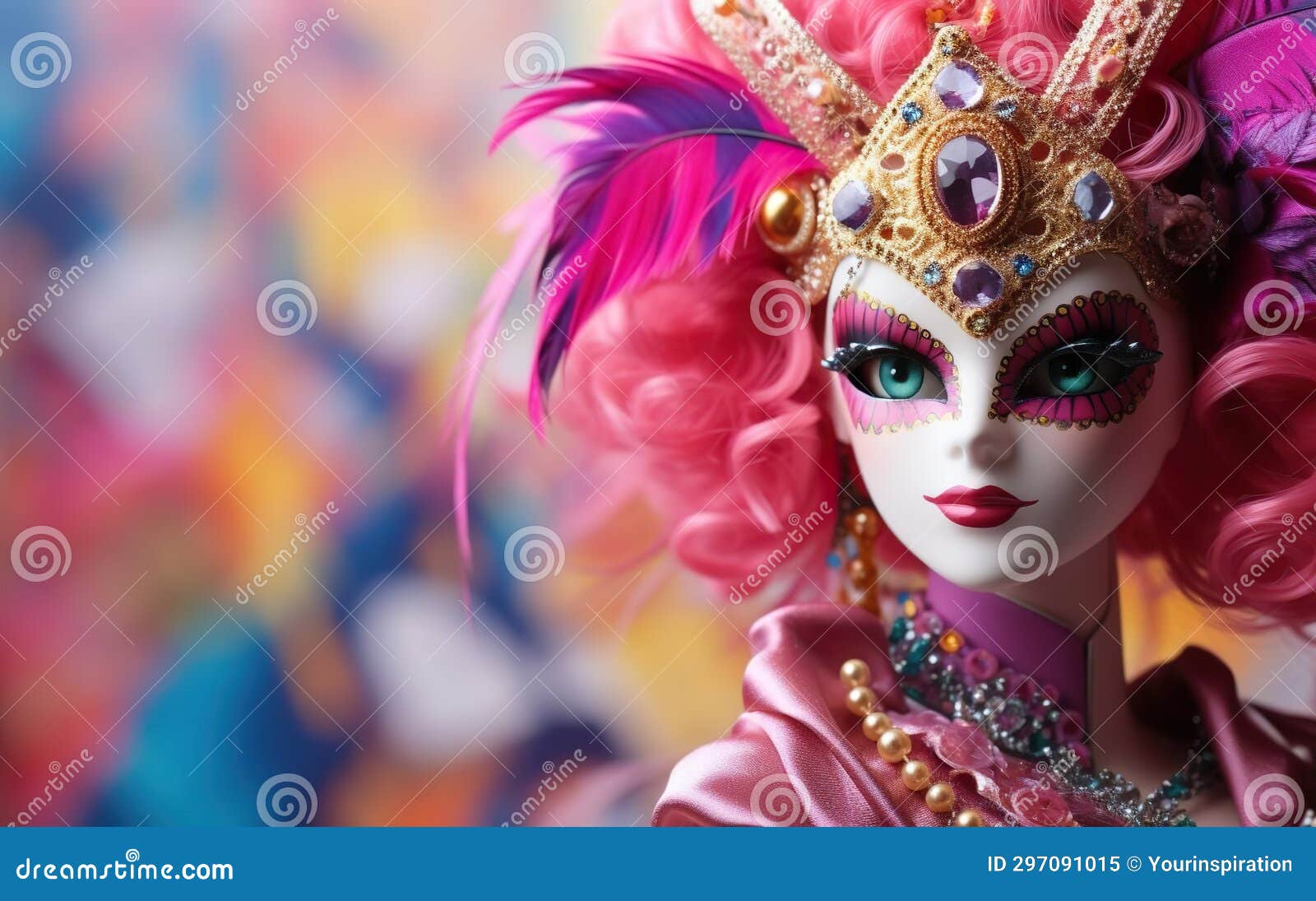 Happy Mardi Gras Poster A Doll With Pink Hair And White Face In