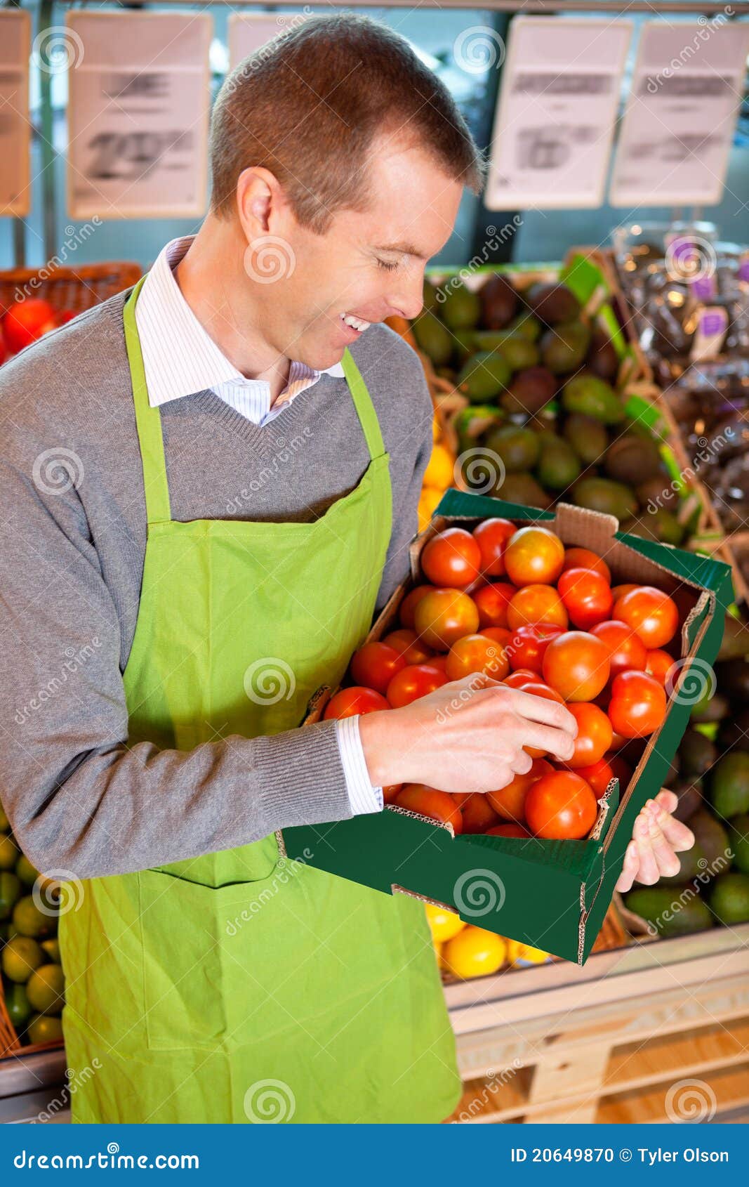 Happy Market Assistant Holding Box of Tomatoes Stock Photo - Image of ...
