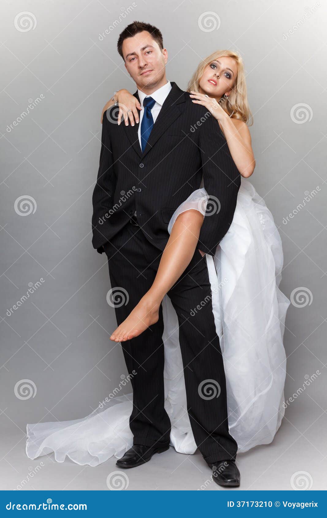 Happy Married Couple Bride Groom on Gray Background Stock Photo - Image ...