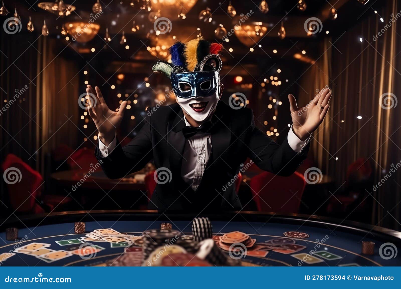 Masked Gambler Throwing Cards In Snowy City At Night Royalty-Free Stock ...