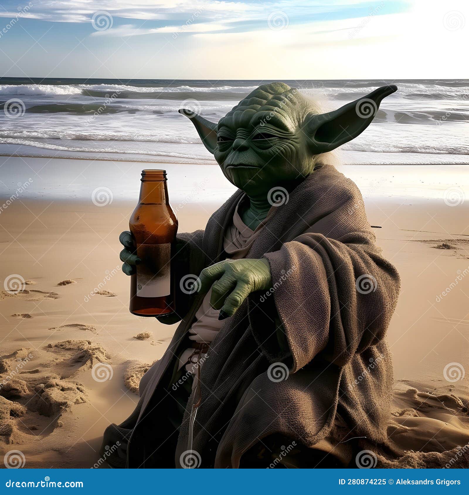 Happy Master Yoda from Star Wars Relaxed Chilling and Drinking Beer on ...