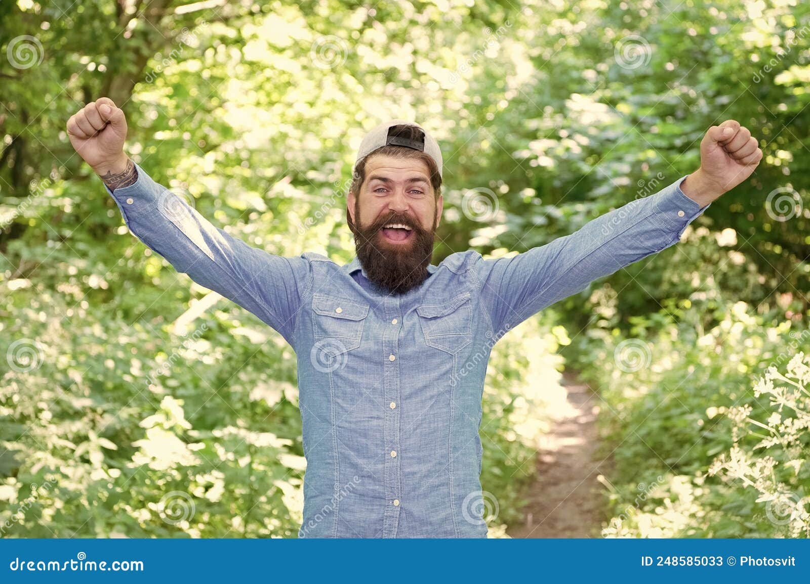 Happy Mature Bearded Man With Beard And Moustache In Summer Forest