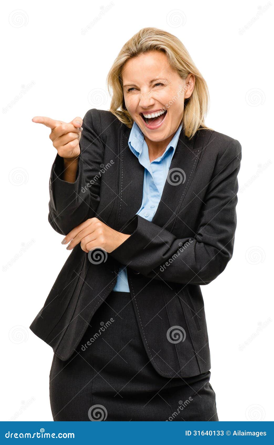 Happy Mature Business Woman Pointing Laughing Being Silly Isolated On