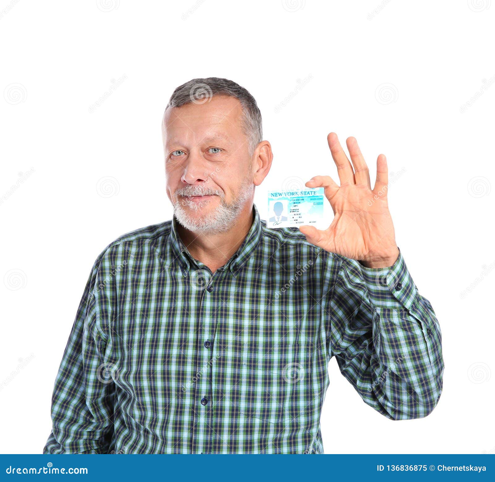 Happy Mature Man with Driving License on White Stock Image - Image of ...