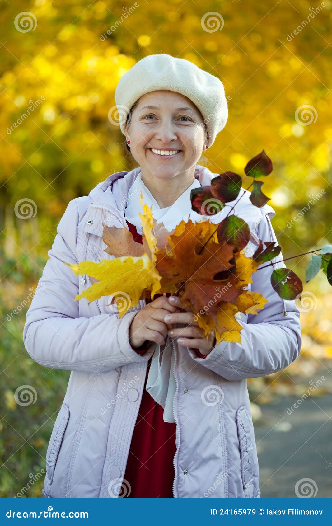 Happy Mature Woman with Maple Posy Stock Image - Image of clothing ...
