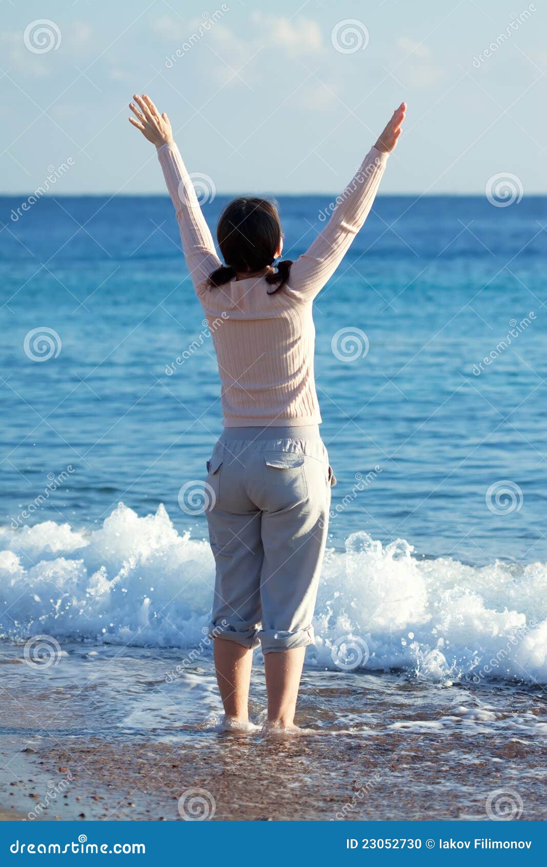 Happy Mature Woman on Sandy Beach Stock Photo - Image of rear ...