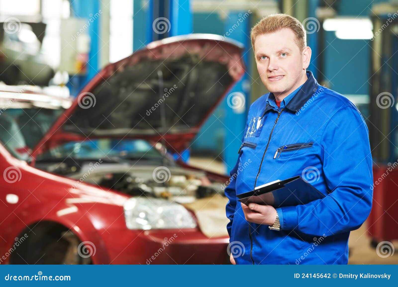Happy Mechanic Demonstrates Emergency Stop Sign On White Stock Image ...