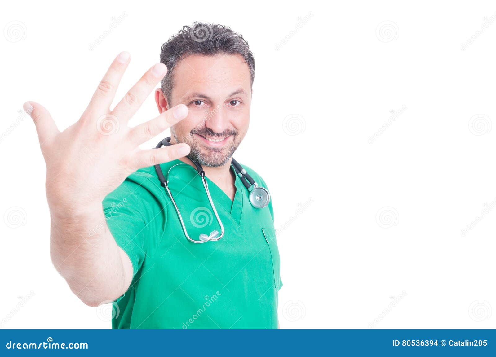 Happy Medical Assistant Counting Five Stock Photo - Image of friendly ...