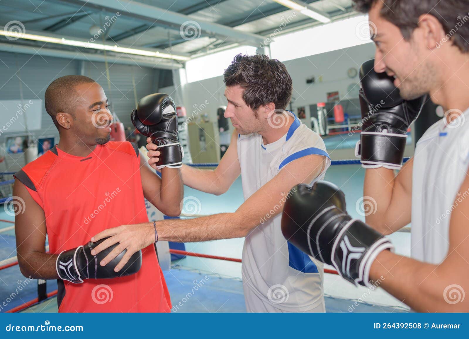 Happy Men Boxing on Ring Trained by Coach Stock Photo - Image of ...