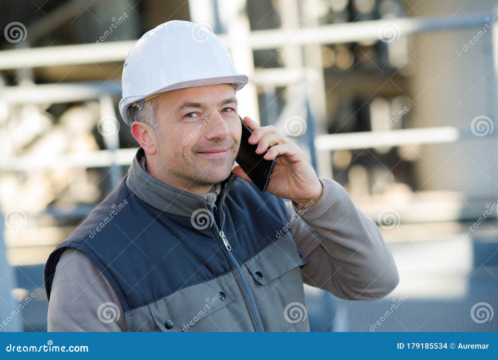Happy Man Engineer Using Mobile Contact Stock Photo - Image of outdoor ...