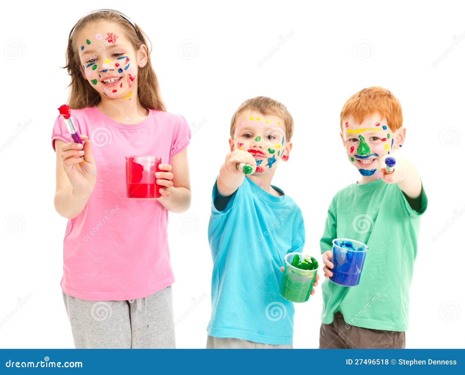 Happy Messy Kids with Paint Brushes Stock Photo - Image of colorful ...