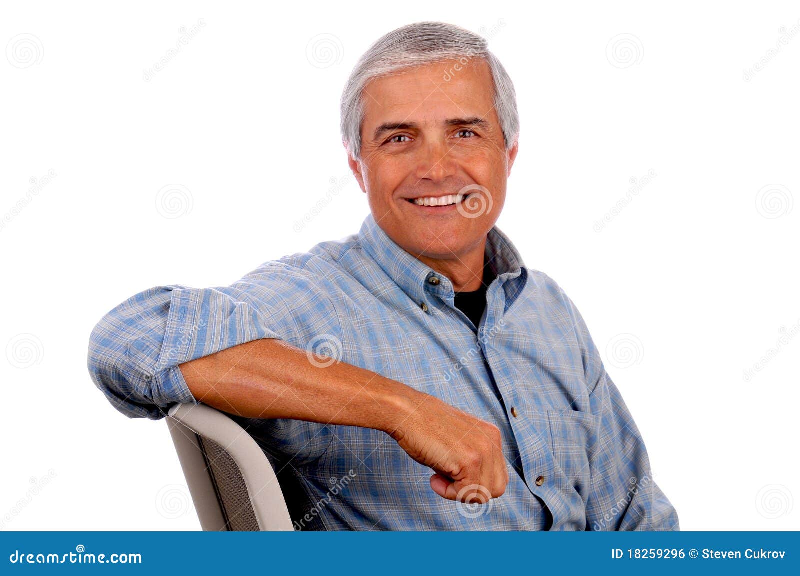 Happy Middle Aged Man Arm on Chair Back Stock Photo - Image of grey ...