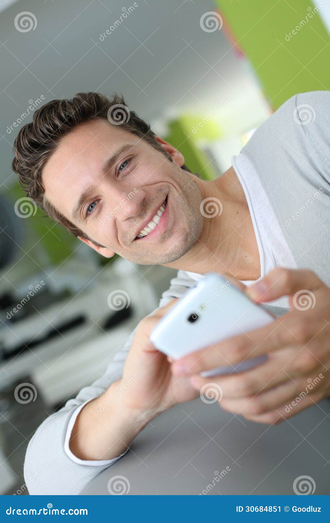 Happy Middle-aged Man Using Smartphone Stock Image - Image of success ...