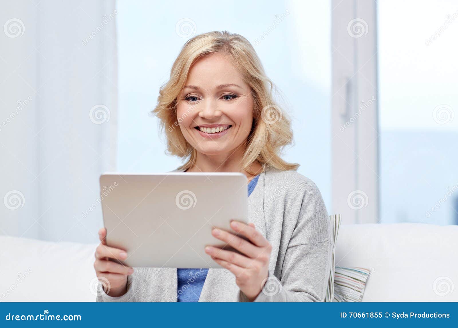 Happy Middle Aged Woman with Tablet Pc at Home Stock Image - Image of ...