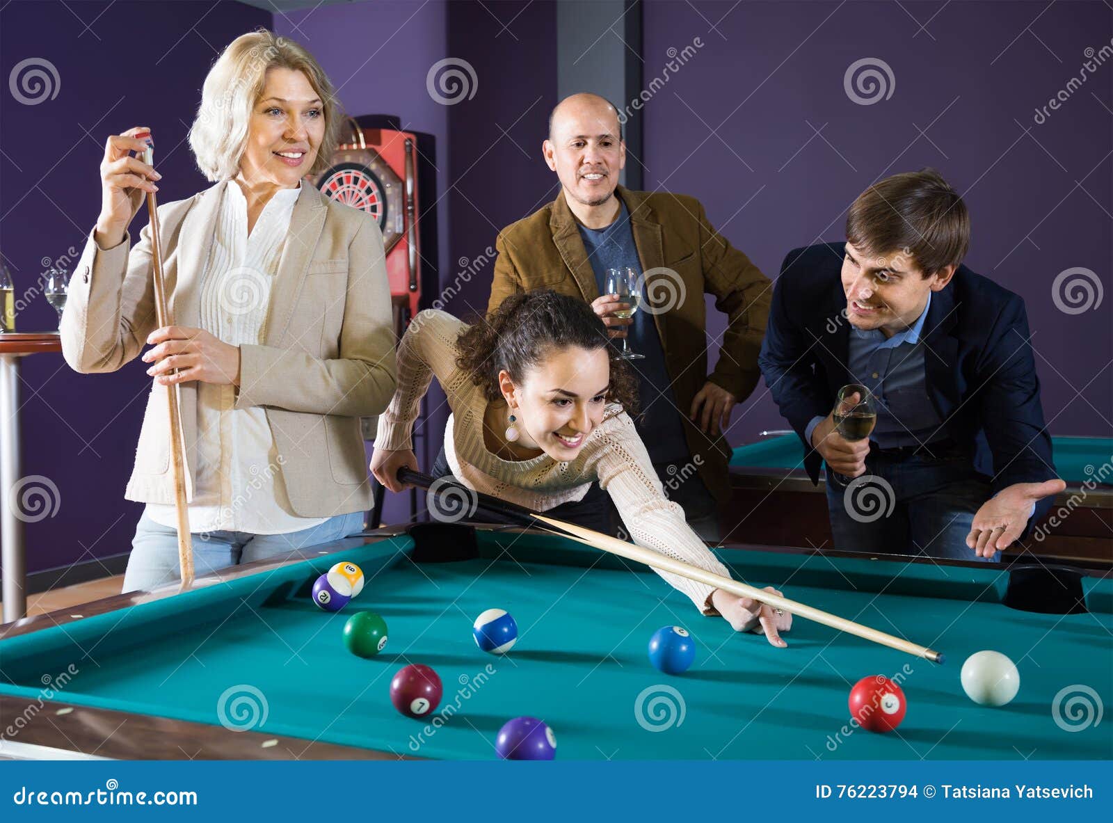 Happy Middle Class People Playing Pool Game in Billiard Club Stock ...