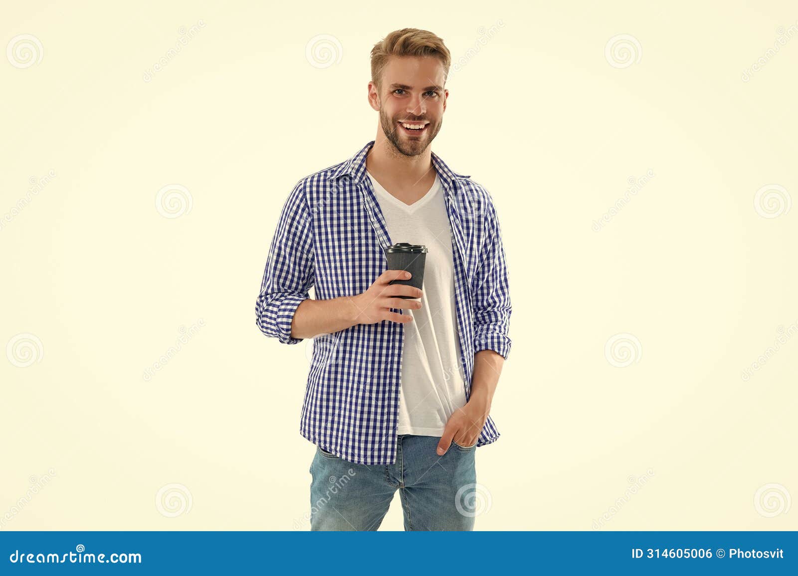 Happy Millennial Guy with Coffee in Studio. Photo of Millennial Guy ...