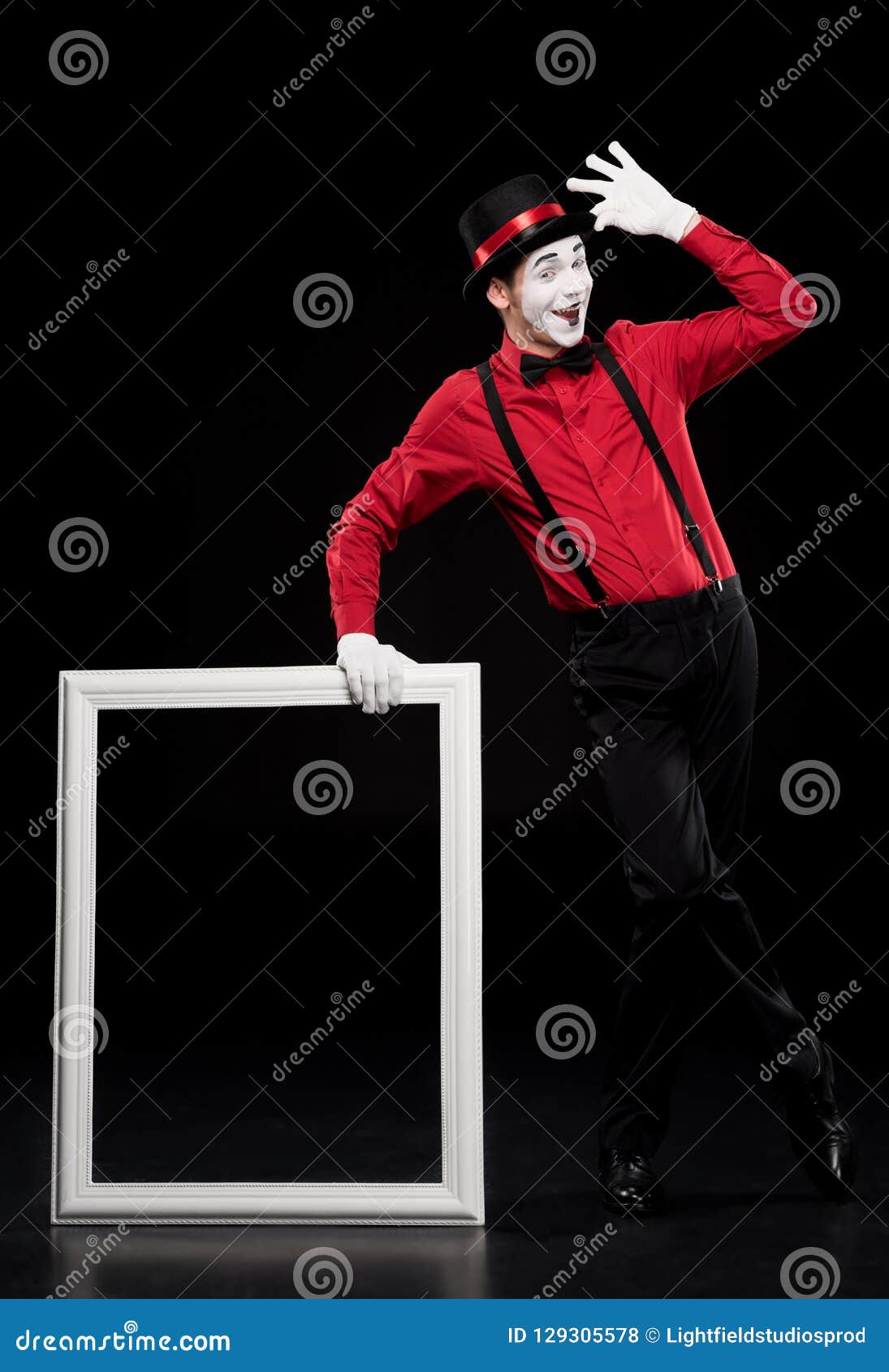 Happy Mime Leaning on Frame and Waving Hand Stock Photo - Image of ...