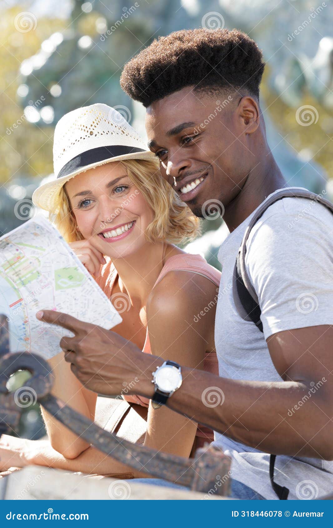 Happy Mixed Couple Holding Map Stock Photo - Image of smile, tourist ...