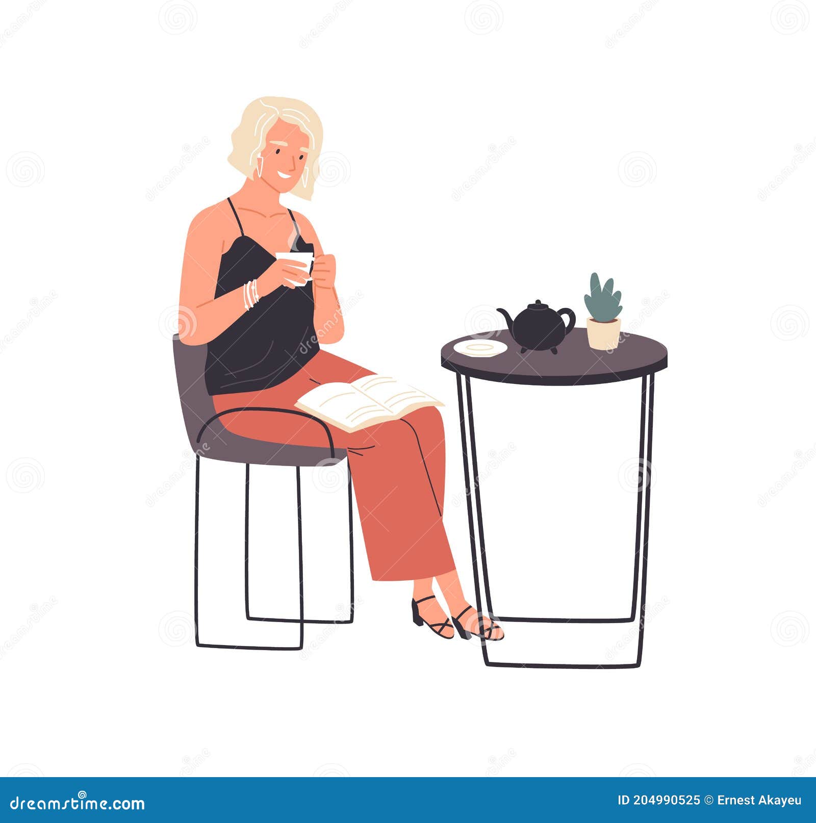 Happy Modern Young Woman Reading Book Sitting In Cafe Smart Female
