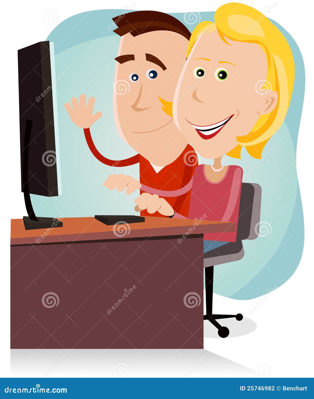 Happy Mom and Dad Working on Desktop Computer Stock Vector ...