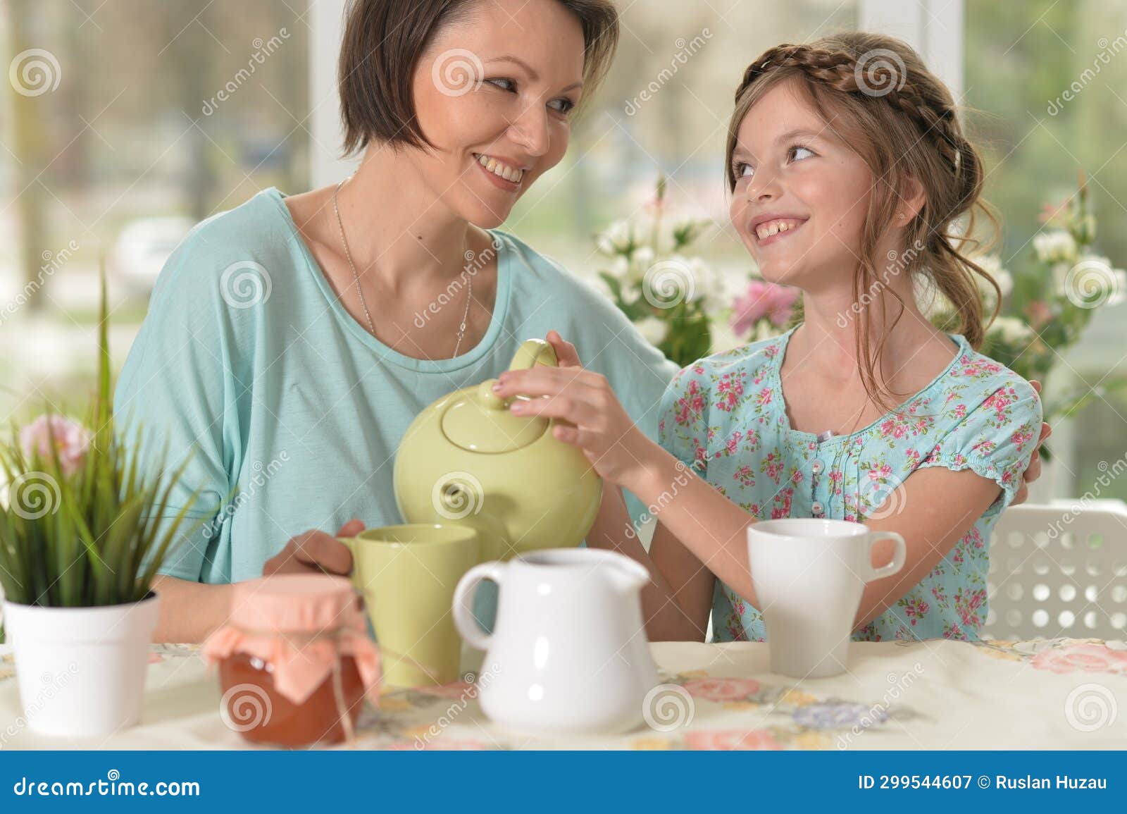 Happy Mom and Daughter Drinking Tea at Home Stock Image - Image of ...